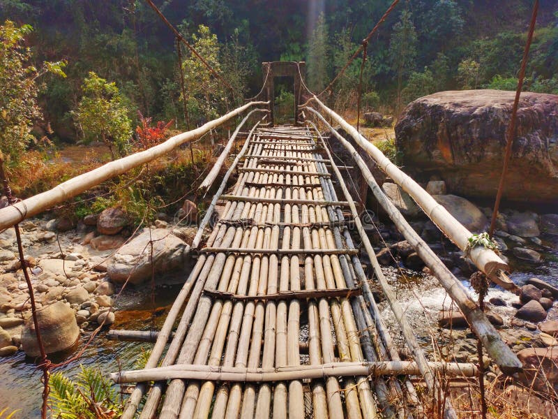 Hanging Bamboo Bridge Over Mountain River. Stock Photo - Image of leaf ...