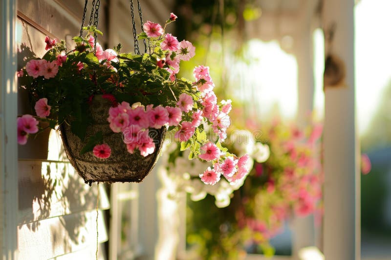 Hanging Baskets of Blooming Spring Flowers. Generative AI Stock Image ...