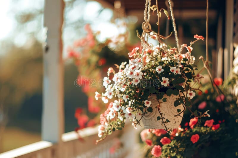 Hanging Baskets of Blooming Spring Flowers. Generative AI Stock Image ...