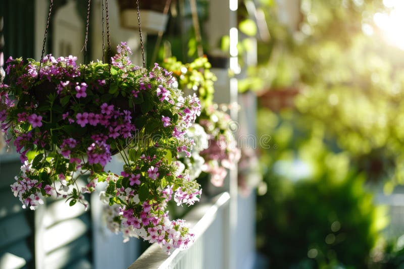 Hanging Baskets of Blooming Spring Flowers. Generative AI Stock Image ...