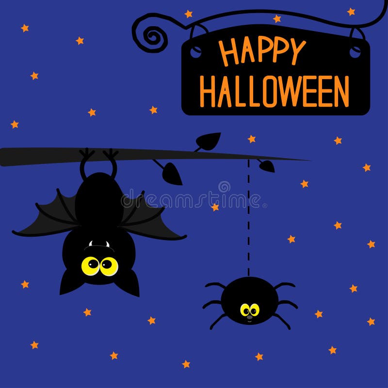 Hanging Bat and Spider. Starry Night Stock Vector - Illustration of ...