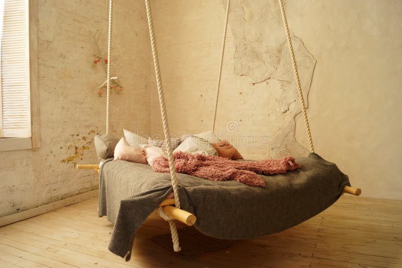 Hanging Bed in Loft Bedroom Interior. Stock Photo - Image of ...