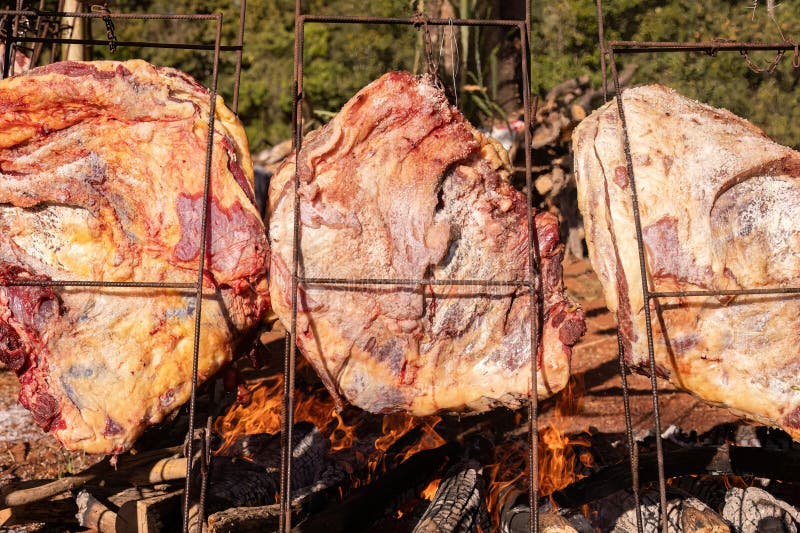 Hanging Beef Meat Roasting Outdoors Stock Image - Image of grilled ...