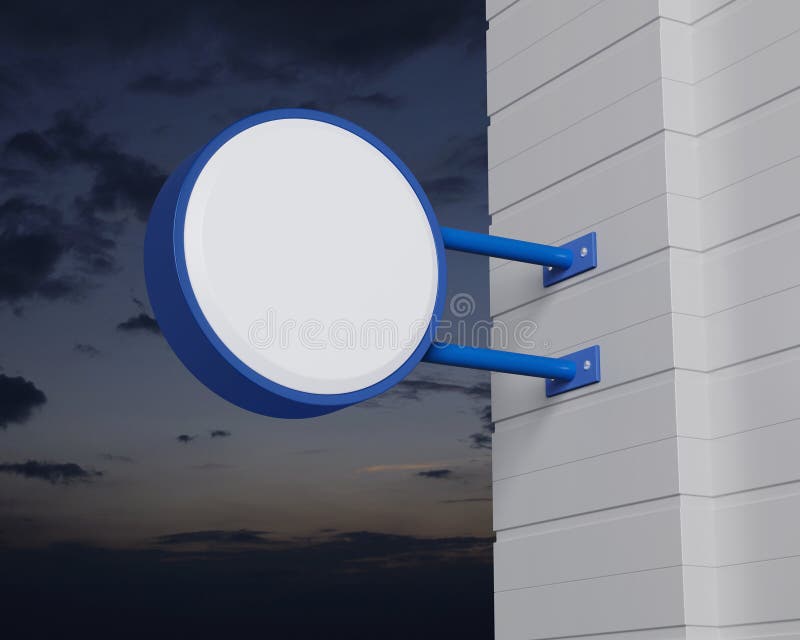 Hanging Blue Rounded Signboard Mockup Over Blue Sky, 3D Rendering Stock ...