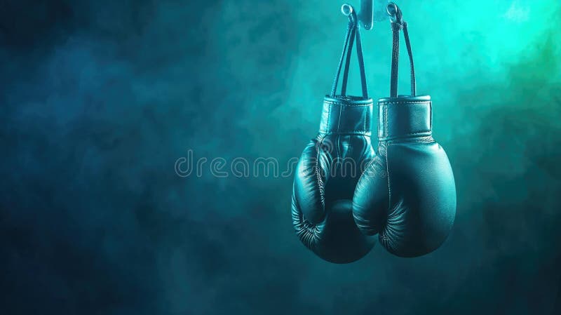 Hanging Boxing Gloves in Smoky Blue Background Stock Photo - Image of ...