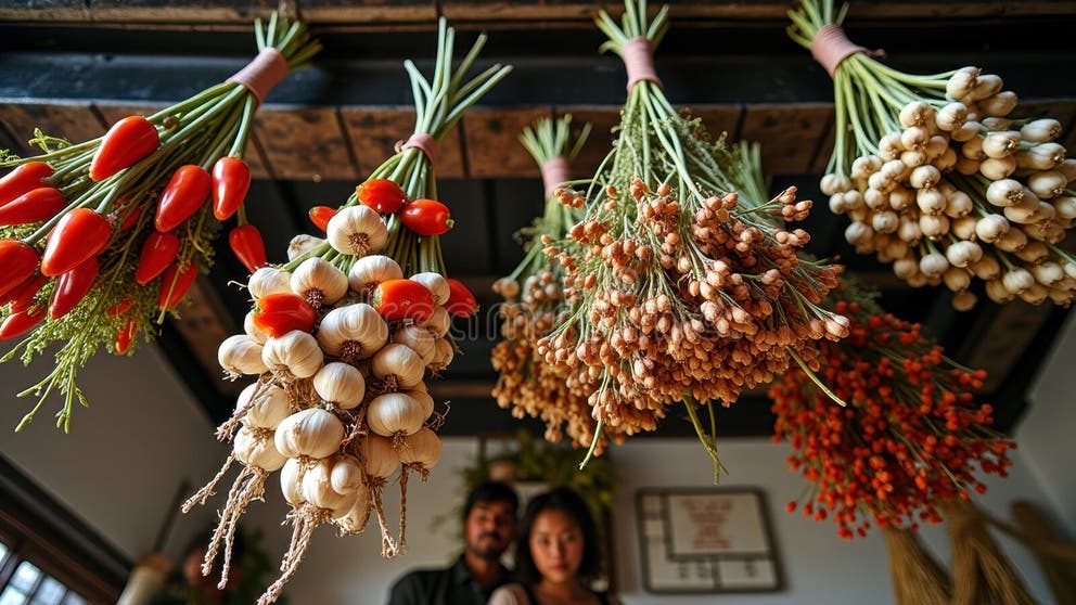 Hanging Bundles of Dried Peppers, Garlic, and Herbs in Rustic Kitchen ...