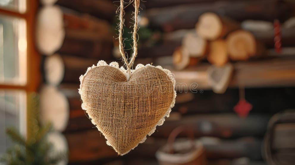 Hanging Burlap Heart Decor in a Rustic Log Cabin Interior. Stock Photo ...