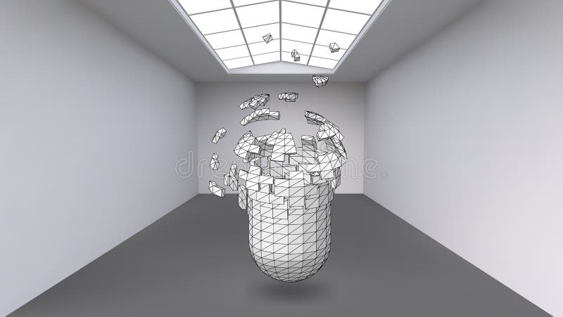 Hanging capsule of many small polygons in large empty room. The ...