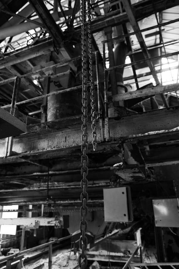 Hanging Chain in Abandoned Industrial Building – Black and White Gritty ...