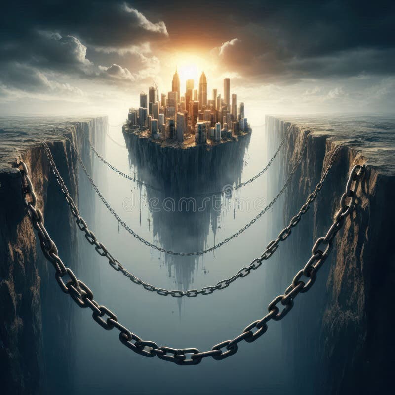 Hanging Chains between Cliffs and the City in the Background. Stock ...