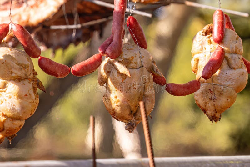Hanging Chicken Meat Roasting Outdoors Stock Image - Image of close ...