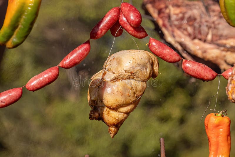 Hanging Chicken Meat Roasting Outdoors Stock Photo - Image of dinner ...