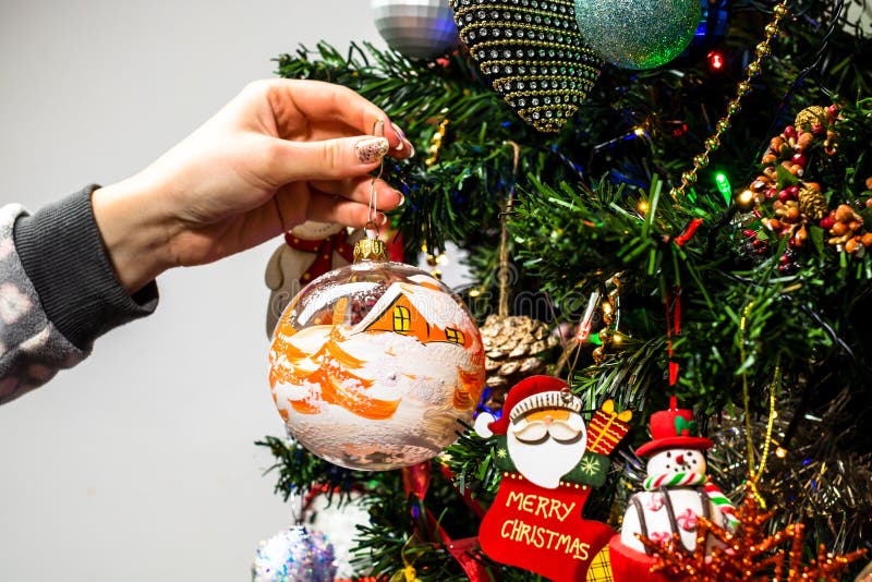 Hanging Christmas Decorations and Ornaments in the Christmas Tree Stock ...