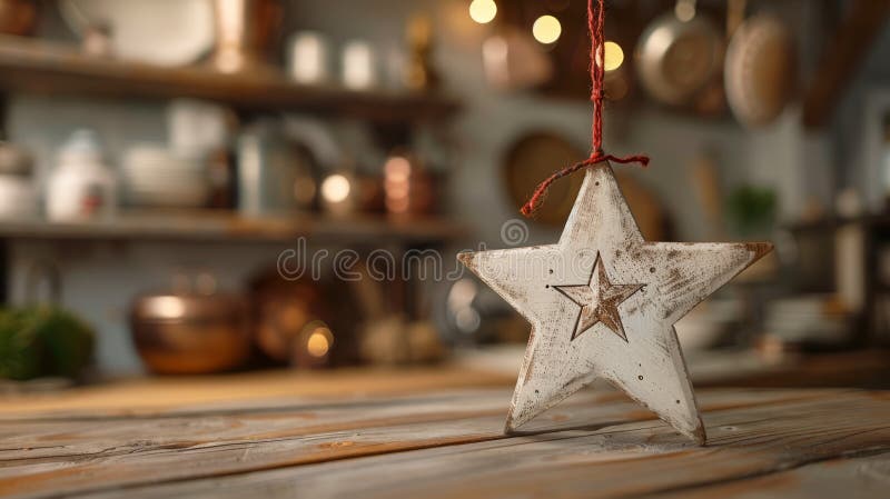 Hanging Christmas Star Decoration in a Rustic, Cozy Kitchen Setting ...