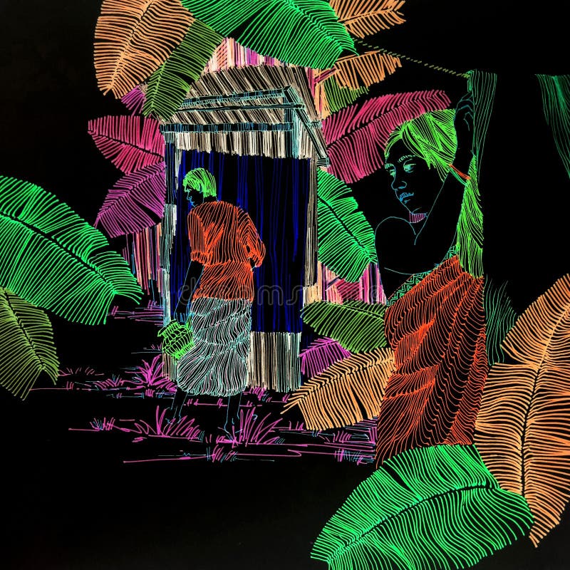 Hanging Clothes Bathing in the Pond Stock Illustration - Illustration ...