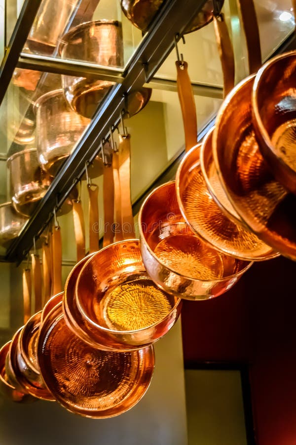 Hanging Copper Pots, Pans, Saucepans Stock Image - Image of hanging ...