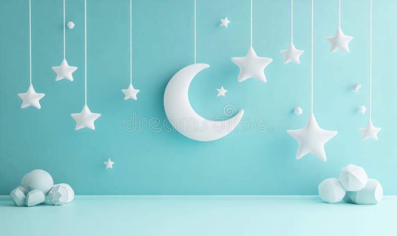 Hanging Crescent Moon and Stars on Light Blue Background Stock ...