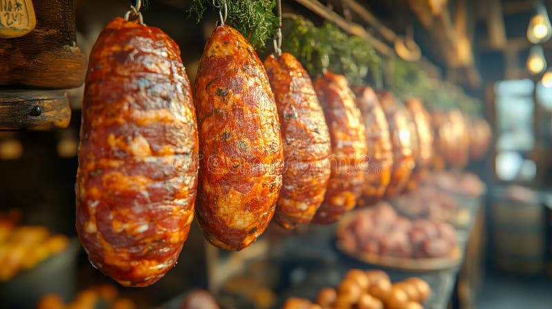 Hanging Cured Meats in a Traditional Setting with Warm Lighting Stock ...