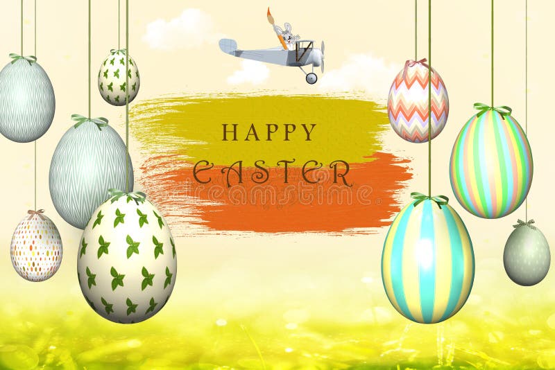 Hanging Easter Eggs, Holiday Text and Easter Bunny on an Airplane Stock ...