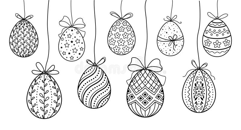 Set of Hanging Easter Eggs with Bows and Ornament in Line Art Style ...