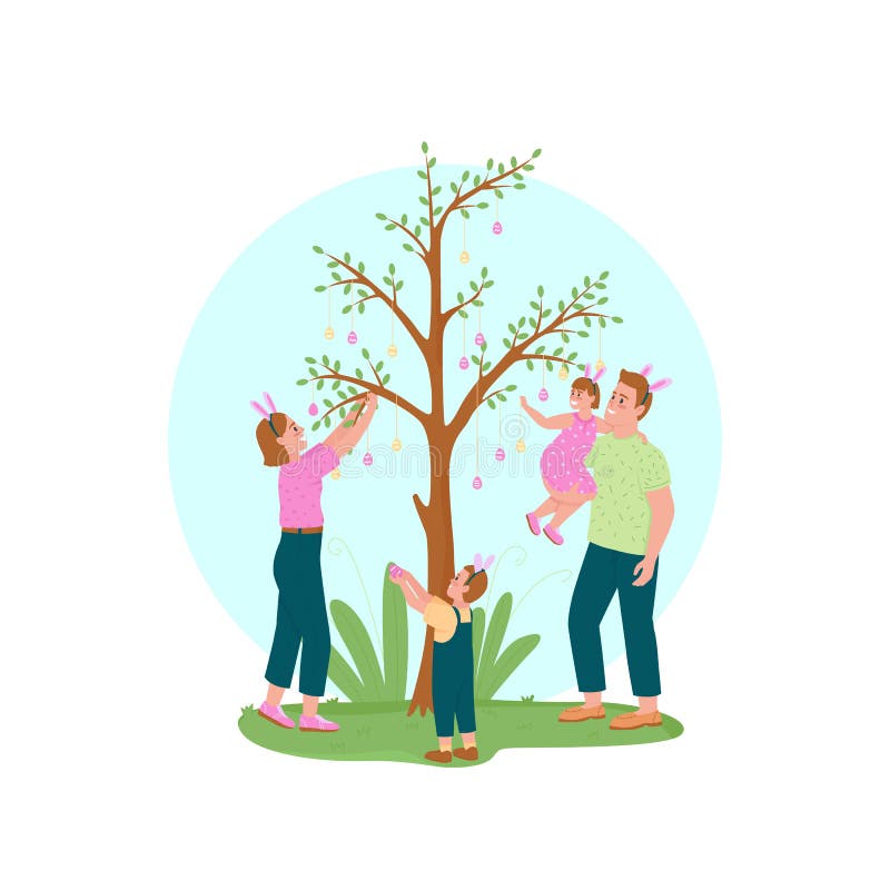 Hanging Easter Eggs on Tree 2D Vector Web Banner, Poster Stock Vector ...