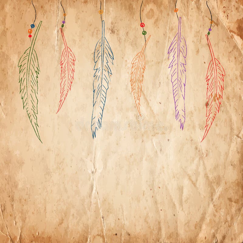 Hanging Feathers on the Old Paper Background Stock Illustration ...