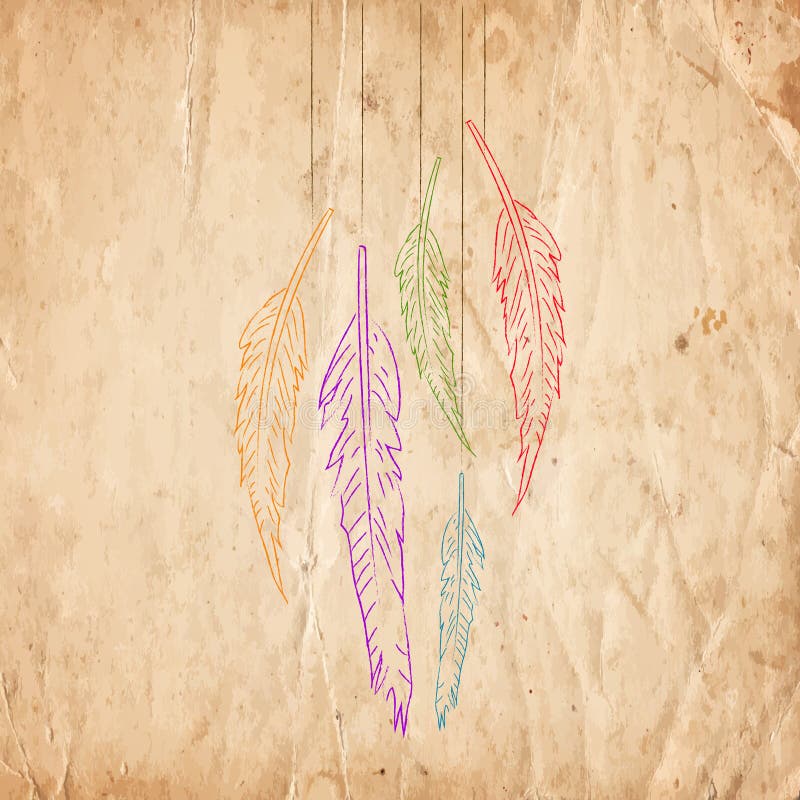 Hanging Feathers on the Old Paper Background Stock Illustration ...