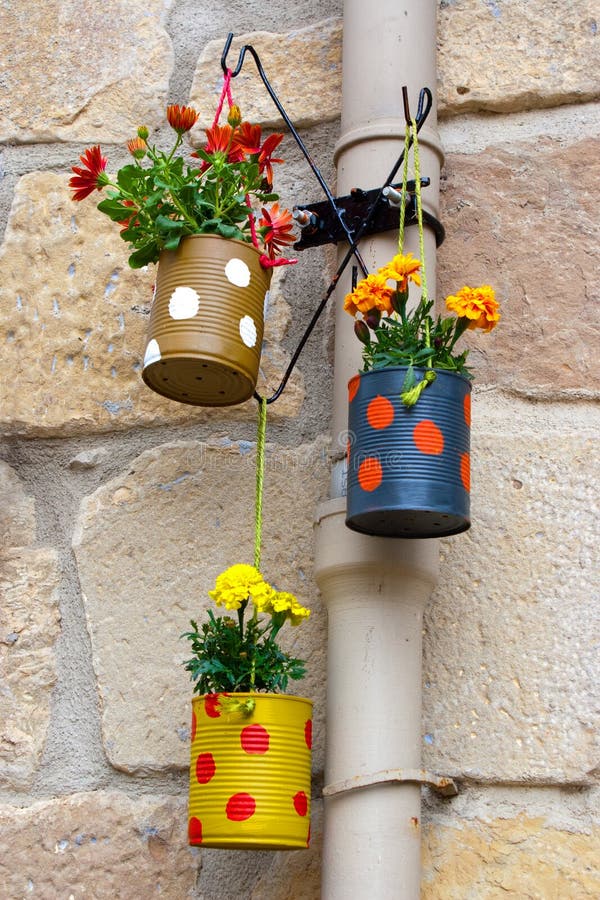 Hanging Flowerpots Made with Cans. Stock Image - Image of objects, cans ...