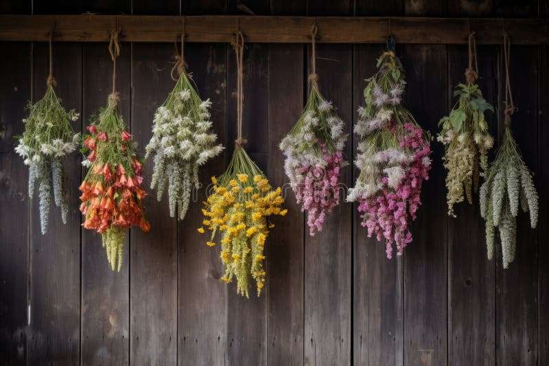 Hanging Flowers Upside Down To Dry on a Rustic Wall Stock Illustration ...