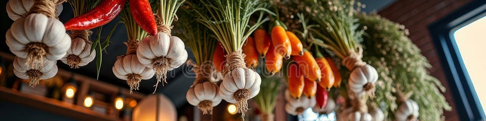 Hanging Garlic and Chili Peppers in Rustic Kitchen Decor Stock Image ...