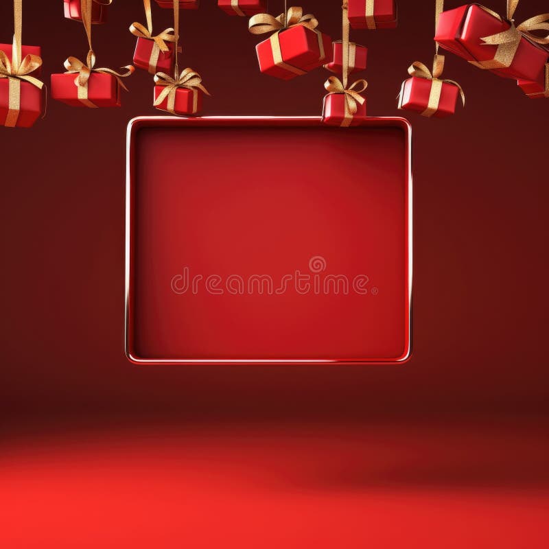 Hanging Gift Box Frame Border Isolated on Red Background with Shadow ...