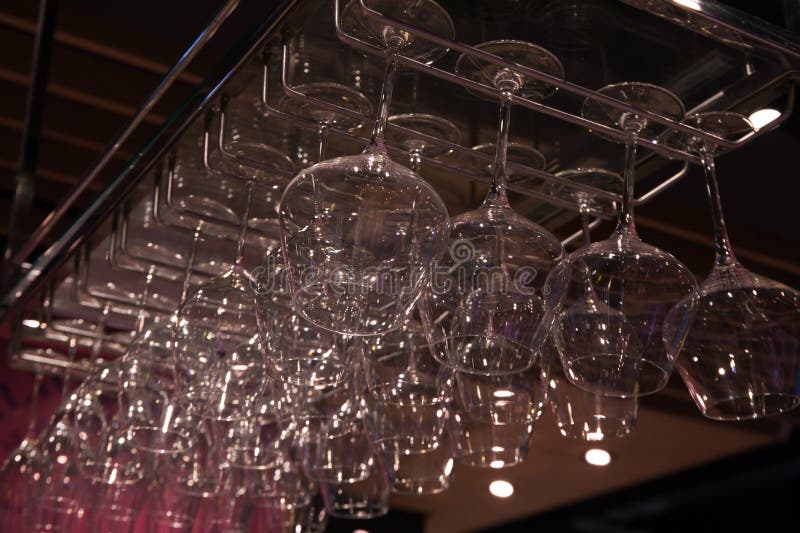 Hanging Glasses Over the Bar, Many Clean Glasses Stock Photo - Image of ...