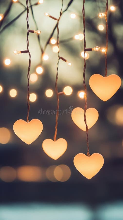 Hanging Heart Decorations Illuminated by Warm Lights Create a Romantic ...