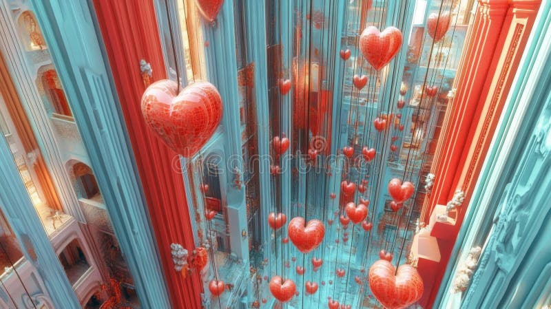 Hanging Heart-shaped Figures Create a Vibrant Spectacle in a Surreal ...