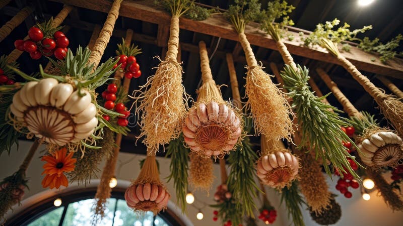 Hanging Herbs and Garlic with Cherry Tomatoes in Rustic Kitchen Ceiling ...