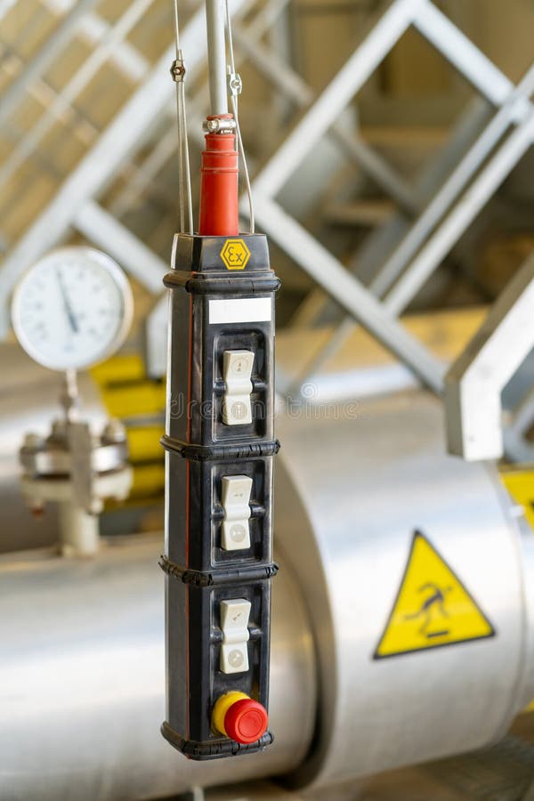 Hanging Hoist Crane Control Panel with Emergency Stop Button in an ...