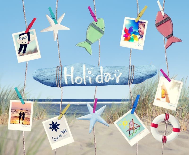 Hanging Holiday Sign and Summer Objects on Beach Stock Photo - Image of ...