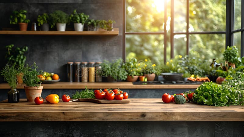 Hanging Kitchen with Fresh Vegetables on Wood Tabletop.Green Plant on ...