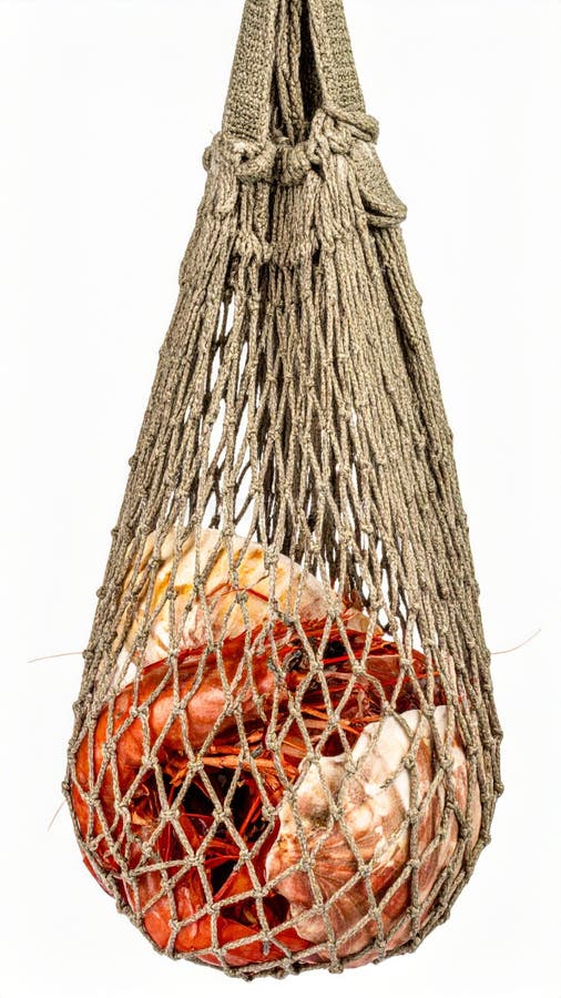 Hanging Knitted Net Bag Filled with Orange Objects on Isolated White ...