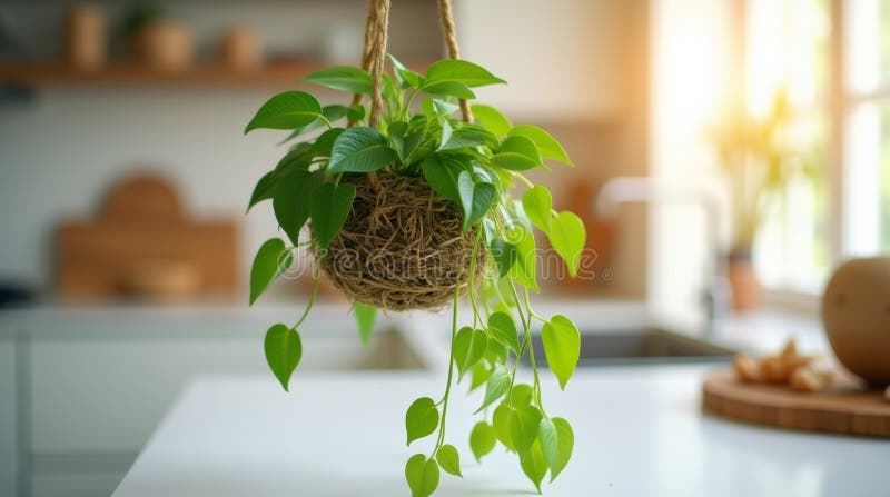 Hanging Kokedama with Trailing Pothos in Bright Minimalist Kitchen ...