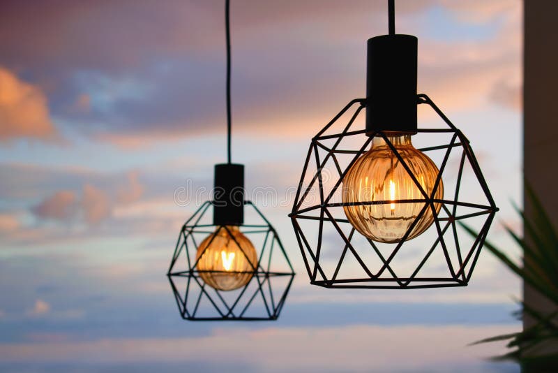 Hanging Lamps with Modern Big Bulbs Inside the Cozy Home Interior Stock ...