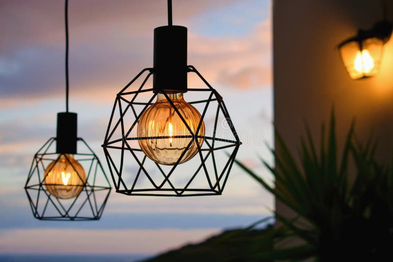 Hanging Lamps with Modern Big Bulbs Inside the Cozy Home Interior Stock ...