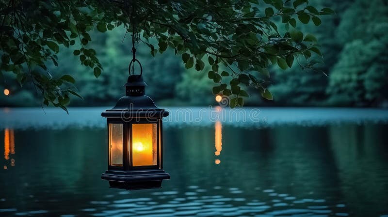 Hanging Lantern Glowing Over Calm Lake with Trees at Twilight Stock ...