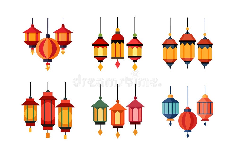 Hanging Lanterns Vector Art Illustration Icon Set Stock Vector ...