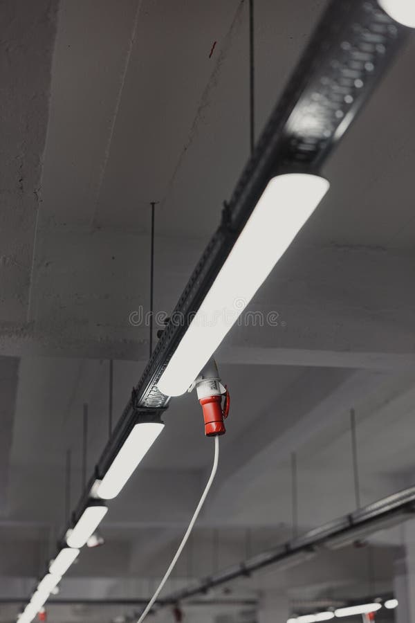 Hanging LED Light Bulb on Ceiling of Office Building, Industrial Stock ...