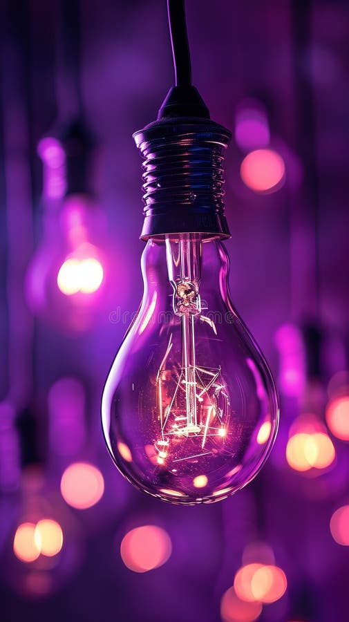 Hanging Light Bulb in a Ceiling with Purple Lights Stock Photo - Image ...