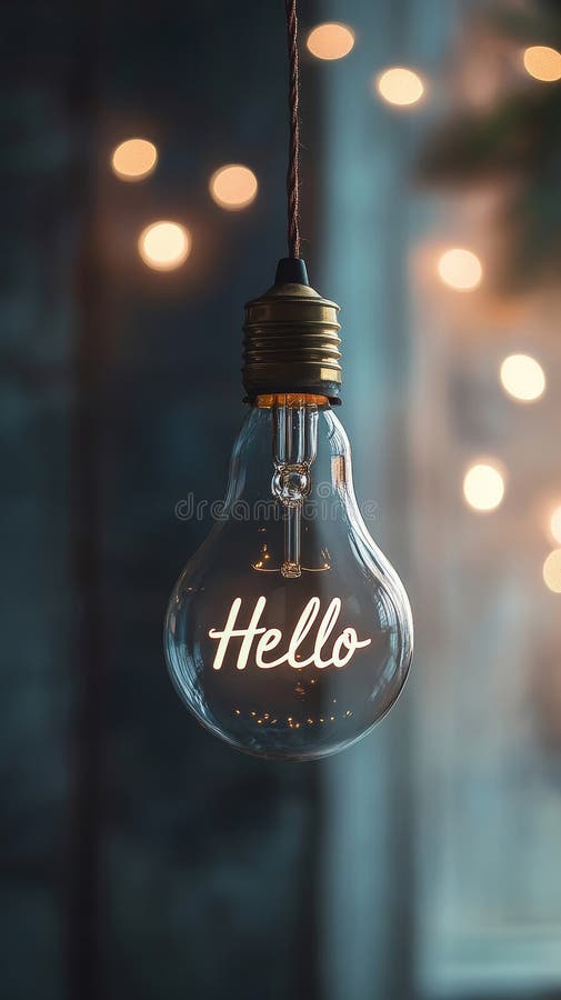 Hanging Light Bulb with Hello Text and Bokeh Background, Warm Ambiance ...