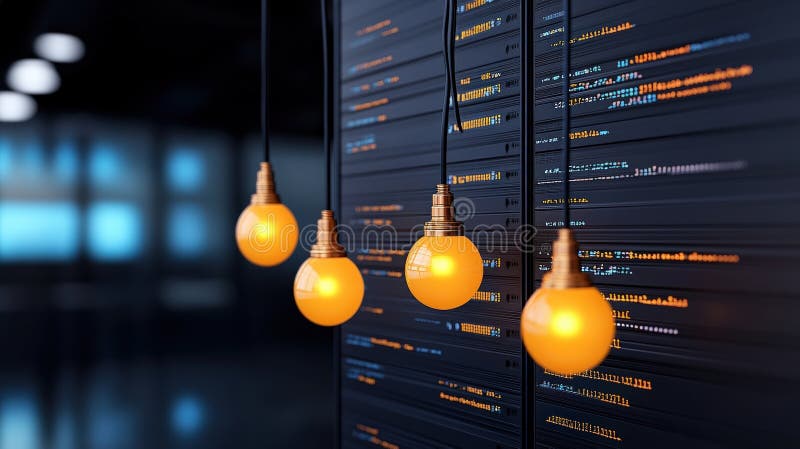 Hanging Light Bulbs Illuminating a Modern Tech Environment Dark ...