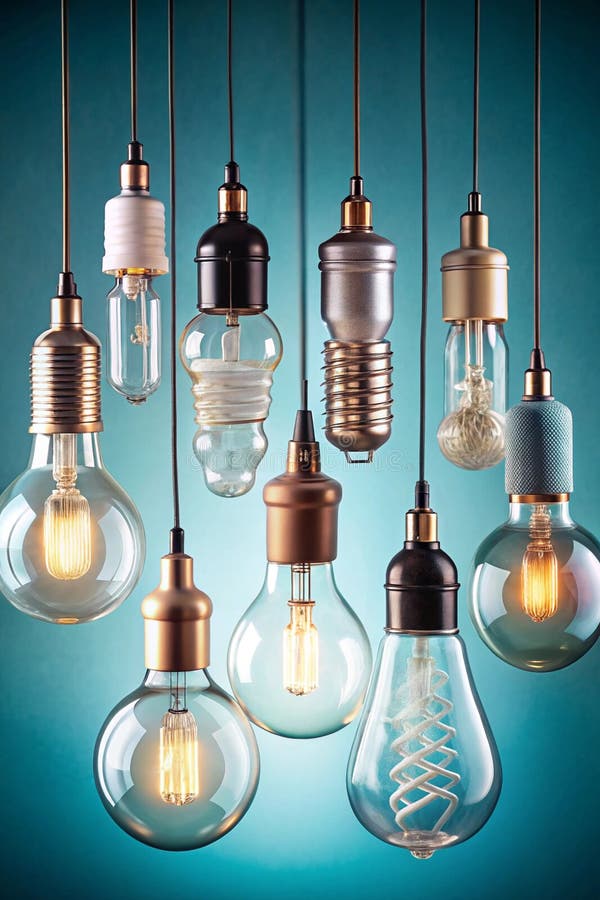 Hanging Light Bulbs on Light Blue Background for Creative Projects ...
