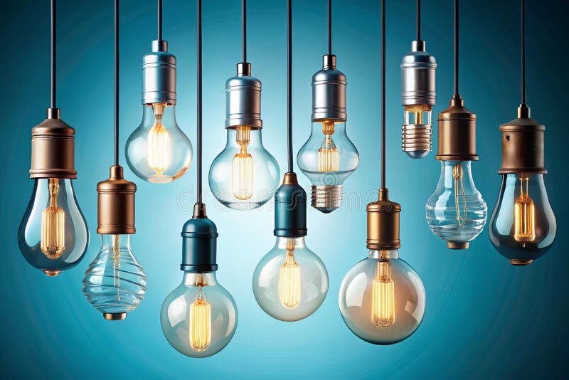 Hanging Light Bulbs on Light Blue Background for Creative Projects ...